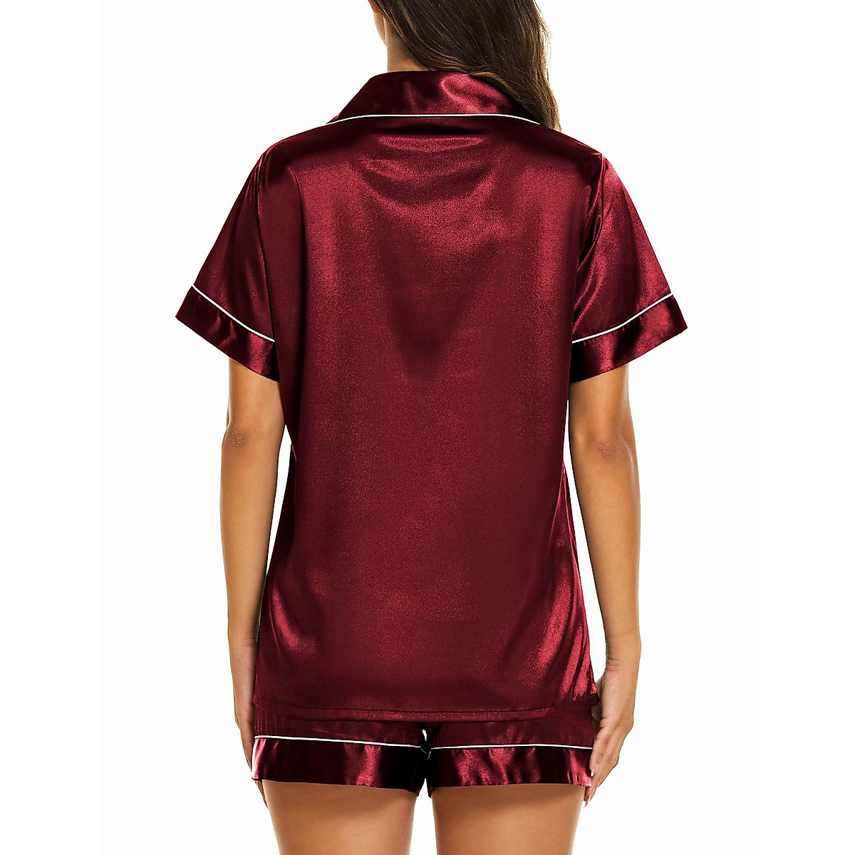 Ekouaer Womens Satin Pajama Set Short Sleeve Pjs Silk Button Down Sleepwear Top and Shorts 2 Piece Lounge Set,Burgundy,X-Large