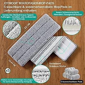 JOYMOOP Mop and Bucket with Wringer Set, Flat Floor Mop and Bucket, Mop for Floor Cleaning with 5 Microfiber Pads, Wet and Dry Use, Household Cleaning Tools, for Hardwood, Laminate, Tile