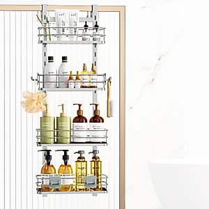 Orimade Adjustable Hanging Over the Shower Door Caddy,Bathroom Organizer Shelf Storage with 4 Hooks for Razor,No Drilling Rustproof Shower Rack Basket, 4 Tier, Silver