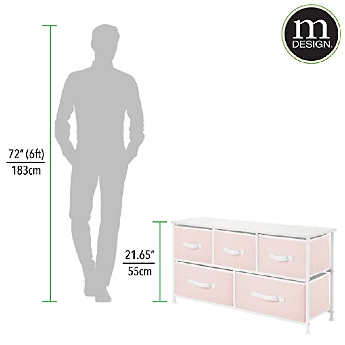 mDesign Wide Steel Frame/Wood Top Storage Dresser Furniture with 5 Fabric Drawers, Large Bureau Organizer for Baby, Kid, and Teen Bedroom, Nursery, Playroom, Dorm - Jane Collection, Pink/White, Pack of 1