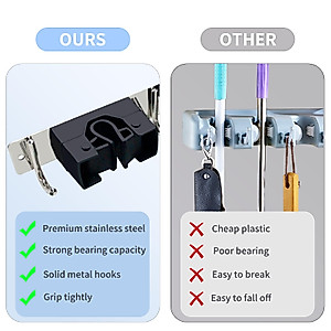 Caoliuyiyi Broom Holder Wall Mount, Stainless Steel garage organization, Non-slip broom mop holder wall mounted, Self Adhesive for Laundry Room (4 Racks and 5 Hooks)