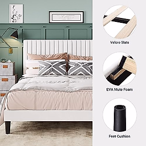 Allewie Full Bed Frame, Velvet Upholstered Platform Bed with Adjustable Vertical Channel Tufted Headboard, Mattress Foundation with Strong Wooden Slats, Box Spring Optional, Easy Assembly, Off-White