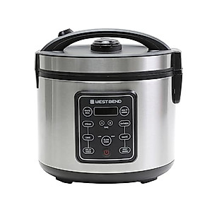 West Bend Rice & Grain Multi Cooker Programmable with 9 Preset Functions, Features Delay Start and Keep Warm Functions and Steam Basket, 20 Cups Cooked, Stainless Steel