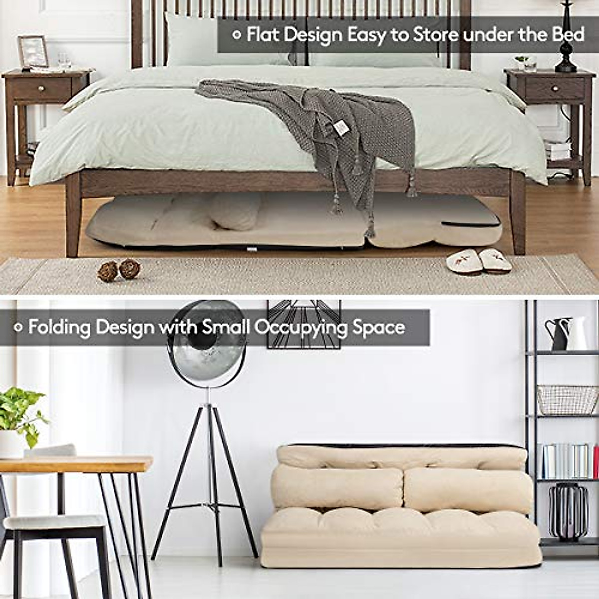 S AFSTAR Safstar Floor Folding Couch and Futon Sofa, 6-Position Fabric Sleeper Sofa Bed with 2 Pillows and Sponge Filling, Adjustable Lazy Sofa for Living Room and Bedroom(Beige)