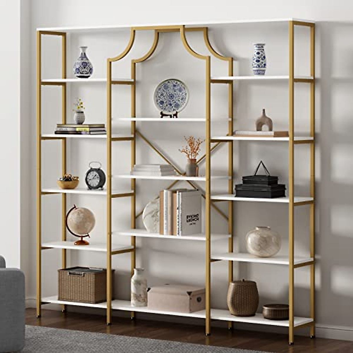 Loomie Triple Wide Bookshelf, 70.87" W/H Large Tall Etagere Bookcase, Modern 13-Open Shelves Geometric Bookshelf, Display Storage Metal Book Case, for Bedroom, Home Office & Living Room, Gold & White