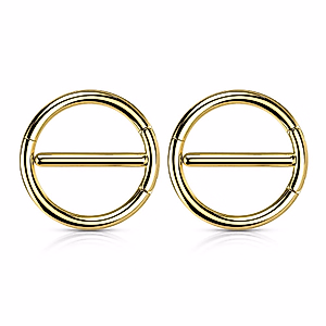14GA Stainless Steel Dual Hinged Nipple Rings, Sold as a Pair (Gold Tone)