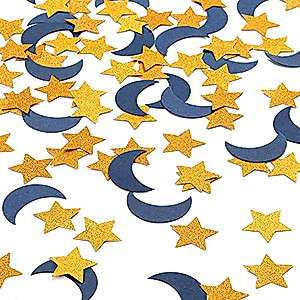 Navy-Blue Moon Gold Star Confetti - 300pcs Glitter Twinkle Little Star Table Confetti Eid Ramadan Mubarak Decoration Birthday Wedding Baby Shower Party Decor Lasting Surprise