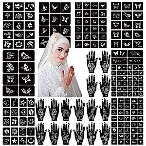 ChurlChurl Henna Tattoo Stencil Kit 190pcs, 24 Sheets Henna Stencils Reusable Temporary Indian Arabian Glitter Airbrush Tattoo Stencils for Face Body Paint DIY