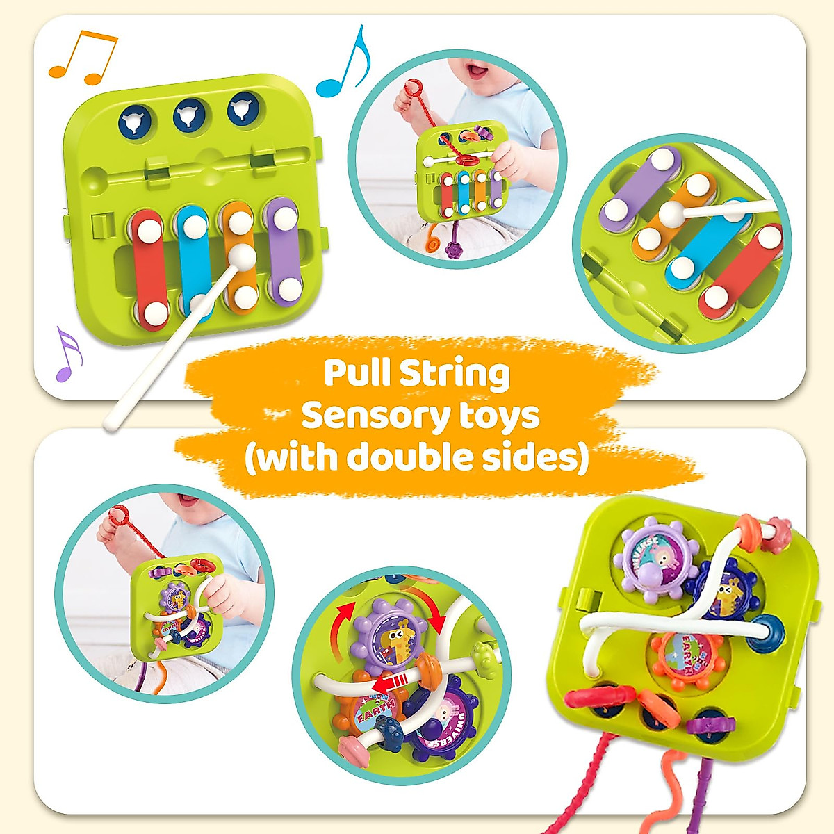 Innofans 5 in 1 Montessori Baby Toys for 3+ Year Old - Sensory Bins Toys, Travel Pull String Toy & Shape Sorter & Stacking Building Blocks & Suction Cup Spinner Toys, Birthday for Baby