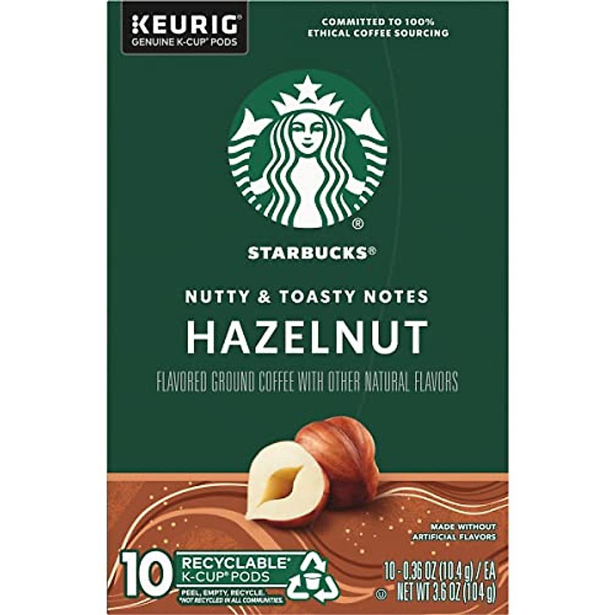 Starbucks Flavored Coffee K-Cup Pods, Hazelnut Flavored Coffee, Made without Artificial Flavors, Keurig Genuine K-Cup Pods, 10 CT K-Cups/Box (Pack of 2 Boxes)
