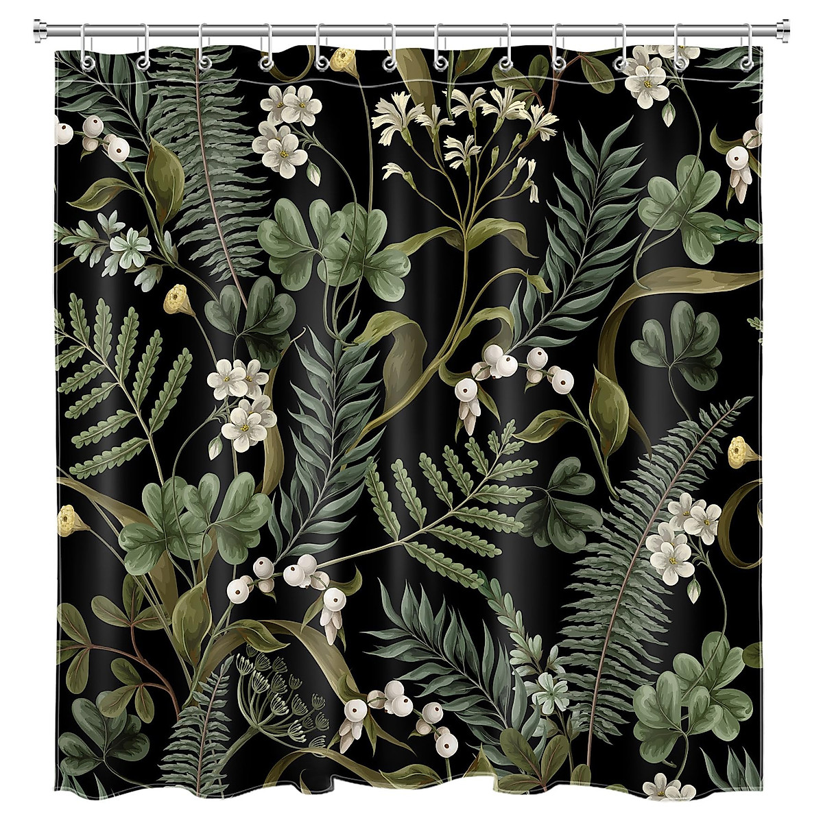 EOBTAIN Green Leaf Shower Curtain for Bathroom Vintage Floral and Fern Plant Leaves on Black Fabric Shower Curtain with 12 Hooks Boho Botanical Bathroom Curtains Shower Set 72x72 Inch