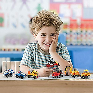 Mini Building Blocks Cars Toys Sets 12 Packs Assembly Mini Cars Toys for Boys, Girls Stem Building Car Assorted Construction Truck Fire Trucks Police Cars Party Favor Goodie Bags for Kids.
