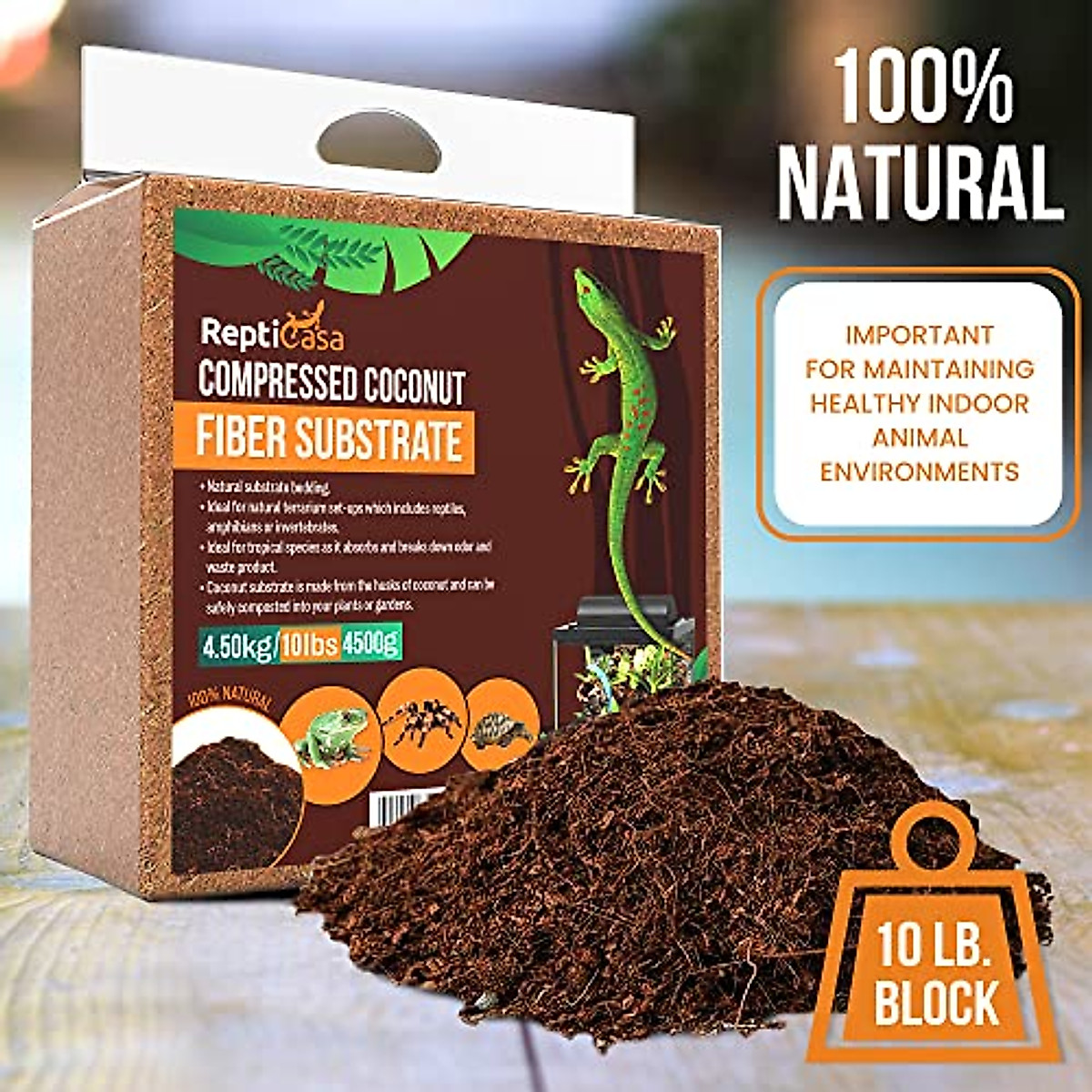 ReptiCasa Compressed Coconut Fiber Substrate, 10 lb. Block, Natural Husk Terrarium Bedding, Reptiles, Frogs, Snakes, or Tortoise, Odor and Waste Absorbent Compostable, Organic with High Expansion