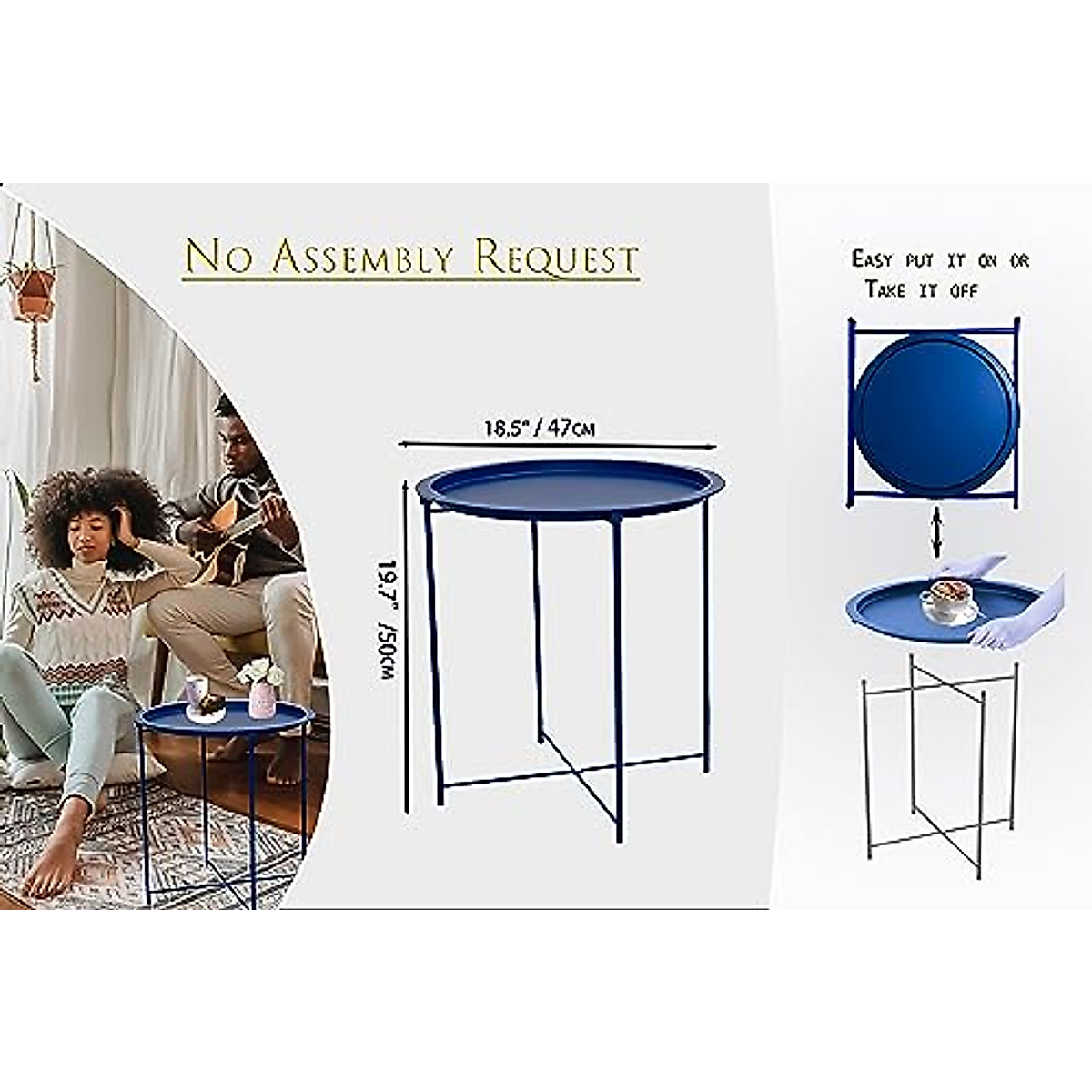 Nohle End Table for Living Room,Accent Table Round Tray Tables with Storage,Small Nightstand,Metal Side Table 18.5in. (Royal Blue)