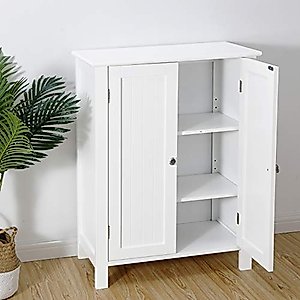 ZENY Bathroom Floor Storage Cabinet with Double Door + Adjustable Shelf, Wooden Organizer Cabinet for Living Room, Bathroom, Bedroom, Modern Home Furniture, White