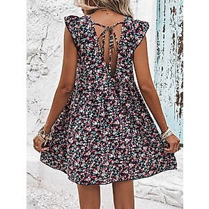 Verdusa Women's Floral Print Ruffle Trim Tie Backless V Neck Smock Short Dress Black and Pink XL