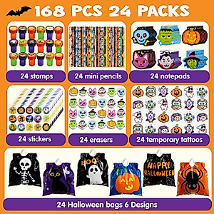 JOYIN 168 Pcs 24 Pack Assorted Halloween Art and Craft Stationery Kids Gift Set Trick or Treat Party Favor Toy Including Halloween Bag, Notepads, Stamps, Pencils, Stickers and Temporary Tattoos