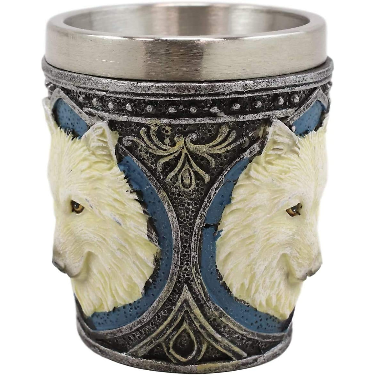 Ebros Pack Of 2 Full Moon Mythical Animal Spirit Gray And White Alpha Wolf Themed 2-Ounce Shot Glass Resin Housing With Stainless Steel Liners Wolves or Timberwolves Themed Souvenirs Favors