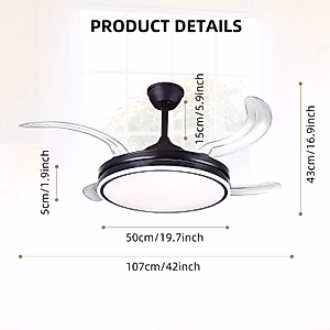 Lcozdny Retractable Ceiling Fans with Lights and Remote, 42 Inch Modern Ceiling Fan with 3 Color Change for Living Room Dining Room Bedroom - Timer Setting & Reversible