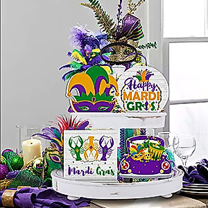 4 PCS Mardi Gras Tiered Tray Decor (Tray Not Included) - Mardi Gras Wooden Sign Decorations Crown Mask Truck Wood Table Signs New Orleans Carnival Holiday Masquerade Party Decor for Home Kitchen