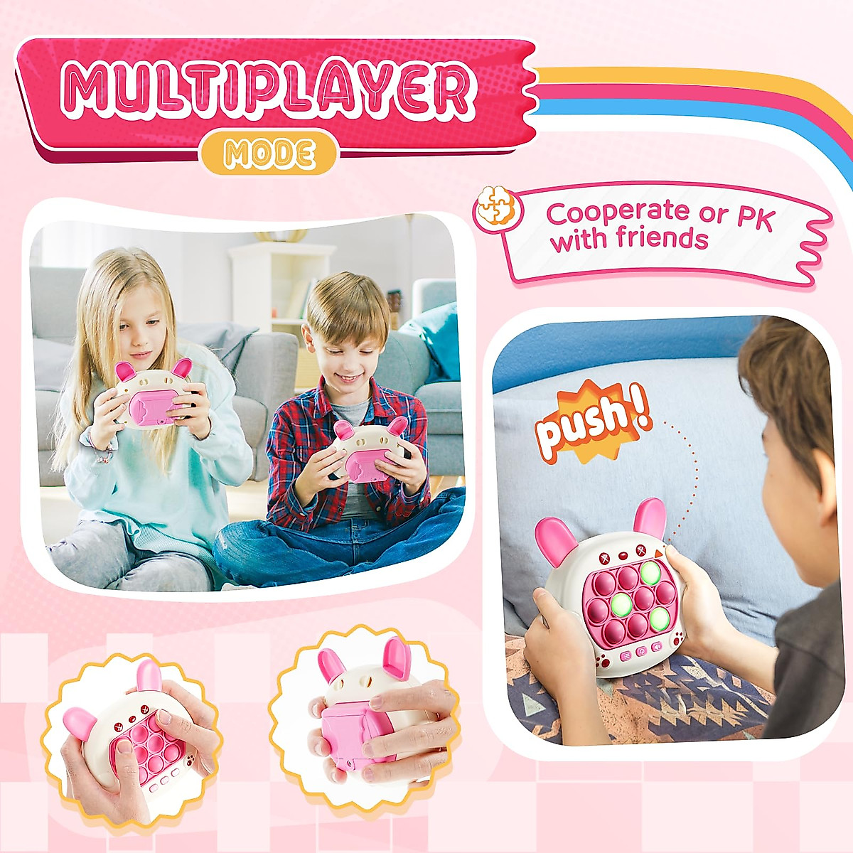 Alltope Pop Fidget Kids Games Toys Fast Push Game, 4 Different Modes Handheld Bubble It Pro Light Up Game Portable Puzzle Machine for Kids, Boys, Girls, Teens, Adult Birthday Gift Rabbit Pink