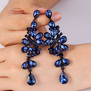 BriLove Wedding Bridal Dangle Earrings for Women Victorian Style Crystal Cluster Teardrop Leaves Dangle Earrings Navy Blue Sapphire Color Black-Silver-Tone