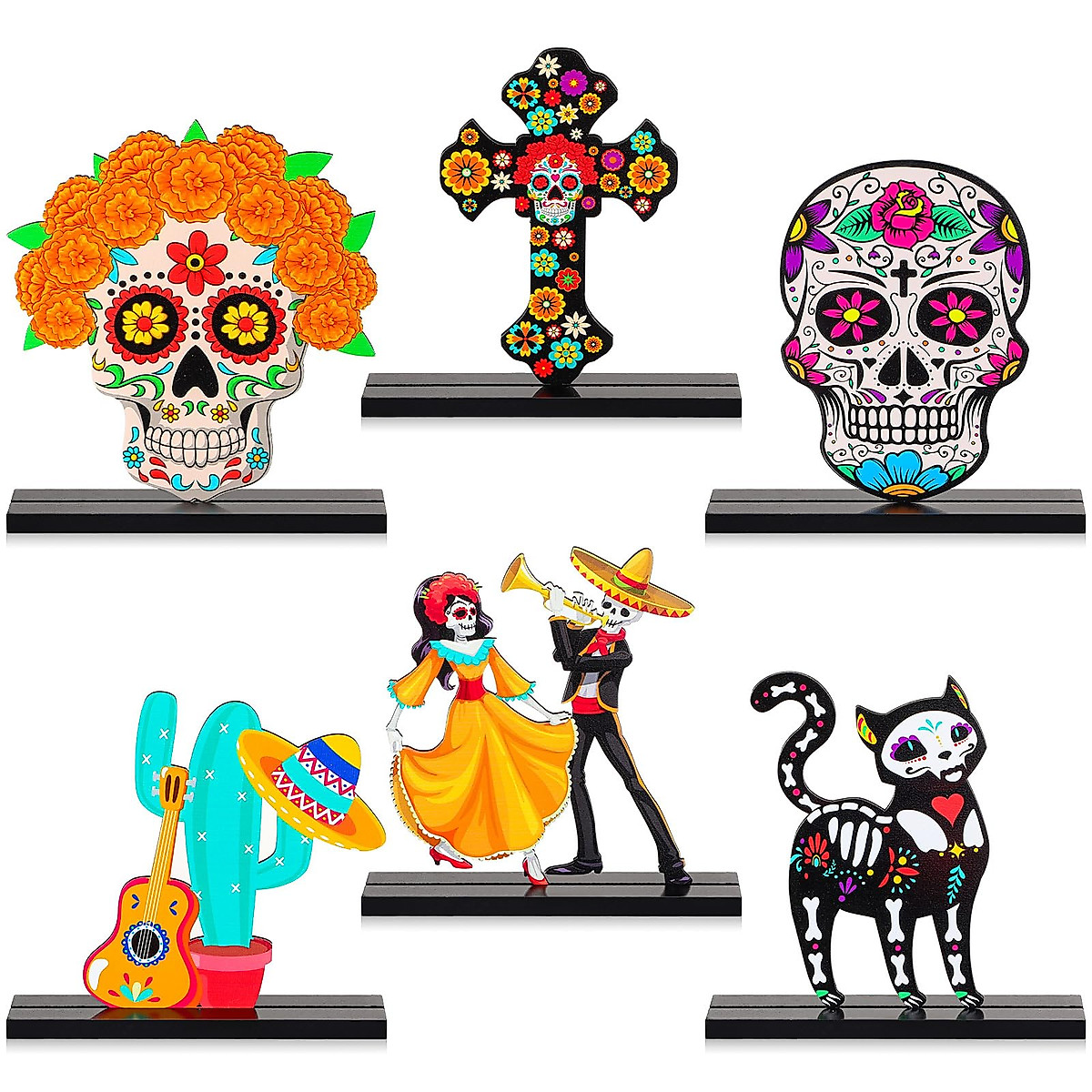 Thyle 6 Pieces Day of The Dead Centerpieces for Parties Wooden Table Centerpieces Dia De Los Muertos Decorations Desk Day of The Dead Decorations Mexican Sugar Skull Signs for Halloween Party