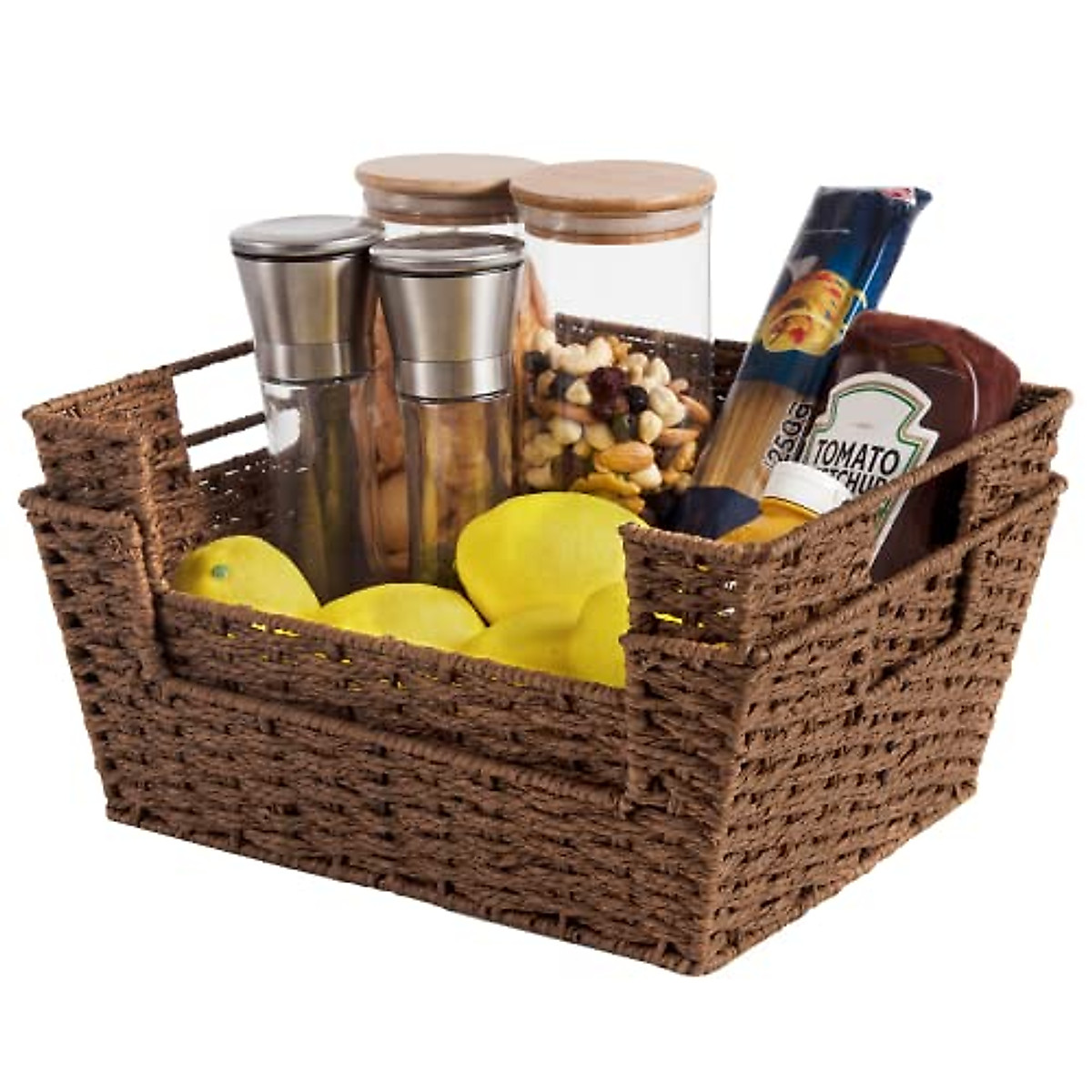 StorageWorks Pantry Storage Basket, Hand-Woven Open-Front Bin with Handles, Brown, 2 Pack