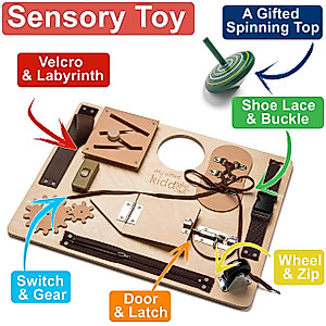 Montessori Busy Board for Toddlers- Wooden Busy Board with Spinning Top - Toddler Activity Board For Fine Motor Skills - Sensory Busy Board For Kids - Travel Educational Preschool Toy