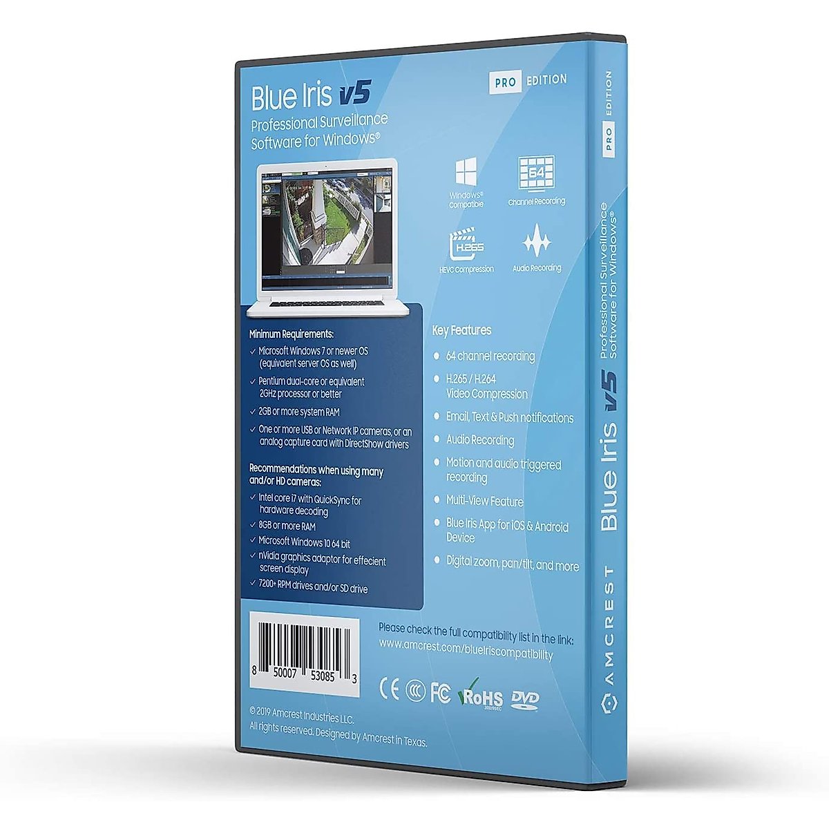 Amcrest Blue Iris Professional Version 5 - Supports Many IP Camera Brands Including Amcrest, Zone Motion Detection, H.265 Compression Recording, E-Mail and SMS Text Messaging Alerts!(BLUEIRISCD-V5)