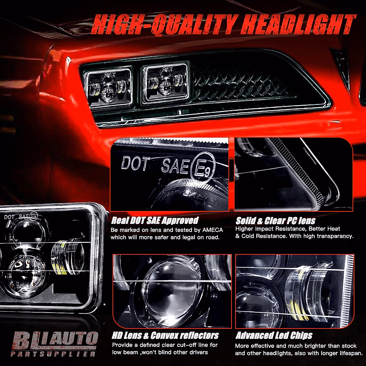 BLIAUTO DOT Approved 4x6 LED Headlights 4PCS 65W Hi/Low Sealed Beam H6545 Rectangular Projector Headlamp Replace H4651 H4652 H4656 H4666 for Kenworth T600 T800 W900 Peterbilt 378 379 Truck
