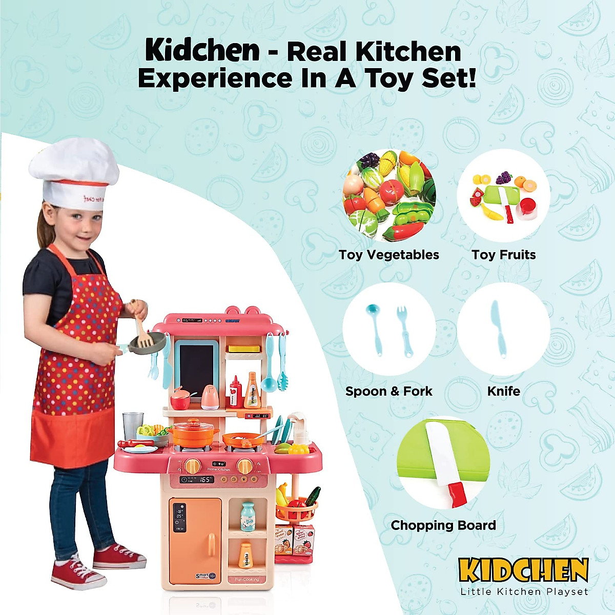 Surefect - Kitchen Play Set with Accessories- Mini Kitchen Set with Realistic Light Sound Steam Simulation- Indoor Games Cooking Playset with Water Outlet- Toys for Toddlers Children & Girls