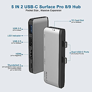 Microsoft Surface Pro 8 USB C Hub Adapter with 4K HDMI, USB-C Thunderbolt 4 (Display+PD Charging+Data), USB 3.0, USB 2.0, TF Card Slot, Docking Station Dual Monitor(HDMI+USB C) for Surface Pro 8