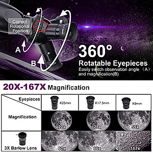 Telescope for Astronomy Beginners, 20-167X HD Telescope for Kids Adults, Rotable Lens, 60mm Aperture 500mm AZ Mount, with Carry Bag, Phone Adapter, Ajustable Tripod