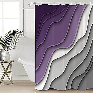 Comforance Purple Gray Modern Geometric Shower Curtain Set with Rugs and Hooks for Bathroom, 4PC Waterproof Fabric Bath Shower Curtain and Non-Slip Bathroom Mats, Abstract Gradient Art
