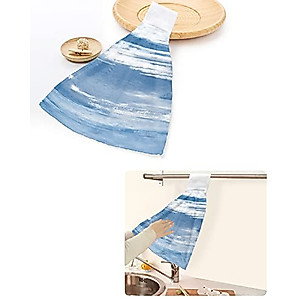 Kitchen Towels with Hanging Loop & Hook Abstract Blue and Gray Texture Soft Absorbent Dish Cloth Bath Hand Tie Towels for Hotel Home Set of 1