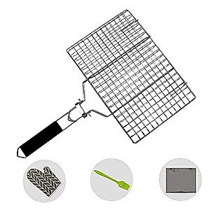 Fish Grill Basket, Fish Basket Non-stick Stainless Steel Foldable Nets Portable with Removable Handle Easy-to-flip for Steaks Seafood Vegetables Outdoor Barbecue
