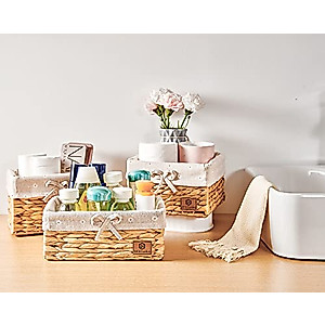 QH & Garden Hand-Woven Water Hyacinth Storage Baskets,Decorative Rectangular Wicker Basket with Detachable Liner,Natural Seagrass Woven Organizer Baskets for Shelves (set of 3)