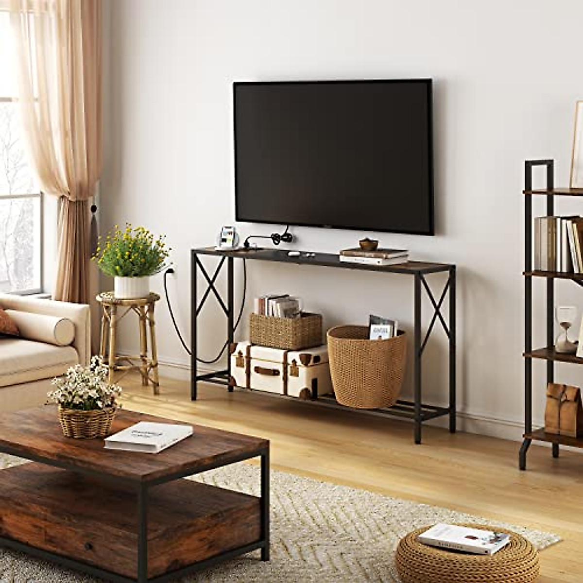 Tajsoon 55.1 Inch Console Table with Charging Station, Industrial entryway Table, Narrow Sofa Table with Shelves, Entrance Table for Entryway, Hallway, Living Room, Foyer, Office, Rustic Brown & Black