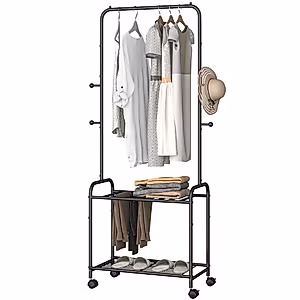 Hzuaneri Clothes Rack, Garment Rack with 2-Tier Storage Shelf, 2-In-1 Design, Clothing Rack with 4 Wheels, Metal Frame Shoe Rack, Coat Rack with 4 Hooks for Bags, 220 lb Max, Black GR07660B