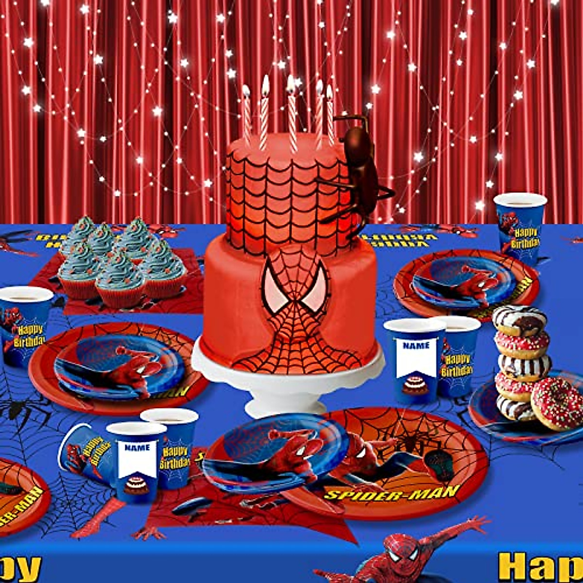 Spiderman Party Supplies for Kids Birthday, Disposable Tableware for 16 Guests, Include 7” Plates,9” Plates, 9 oz Cups, Table Cover, Napkins