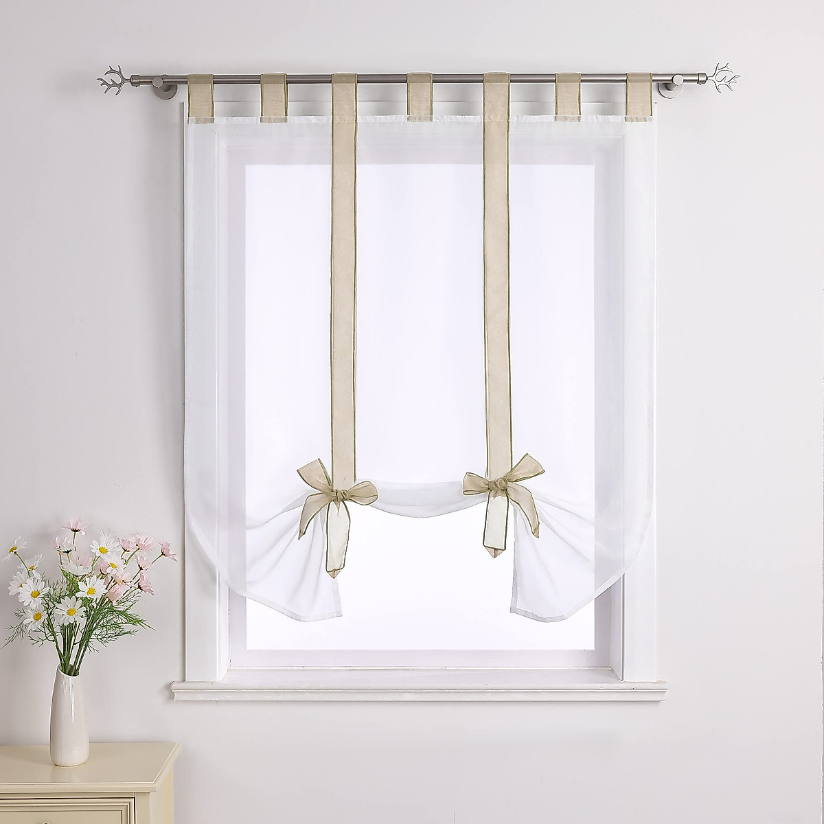 Joyswahl Balloon Shades Tab Top Sheer Window Curtain Balcony Bowknot Tie Up Voile Roman Shades, 1pc (Sand, W47 x L55 inch)