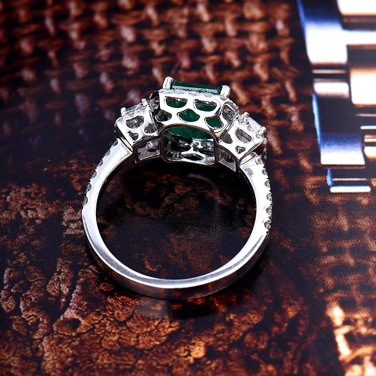 Lanmi Beautiful Natural Green Emerald Diamonds Engagement Ring Solid 14K White Gold Wedding Rings for Ladies Women Promotion