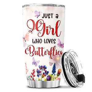 HUBUPU Floral Flower, Butterfly Gifts, Tumbler 20 Oz With Lid And Straw, Just A Girl Butterfly