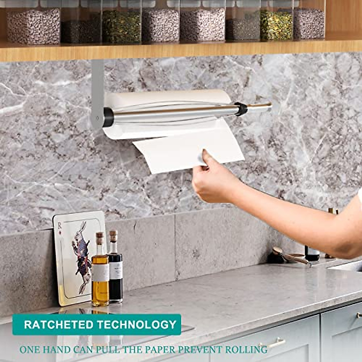 BARONAGE Under Cabinet Paper Towel Holder, One Hand Easy Tear Paper Towel Hanger Wall Mount with Damping Effect, Ratcheting Papertowel Rack Self-Adhesive or Drilled for Kitchen Bathroom RV - Silver