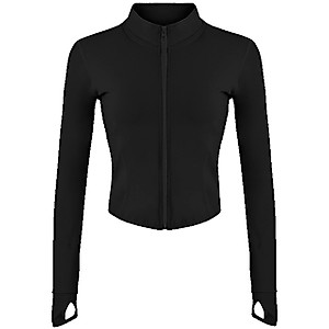 Hvewarm Women's Cropped Athletic Bbl Jacket Seamless High Low Hem Zipper Thumbhole Workout Sportwear(ABlack-M)