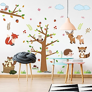 Runtoo Forest Animals Tree Wall Decals for Kids Fox Squirrel Deer Door Wall Stickers Girls Bedroom Baby Nursery Wall Decor