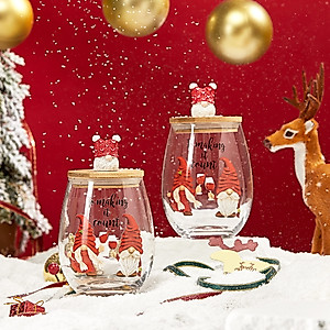 Christmas Gnome Wine & Water Glasses With Dwarf Wood Cover - Set of 2-17.5oz - Santa Holiday Festive Gnomes Stemless Clear Wine Glass For Red Or White Wine - Wines Glass for Women Friends Men Sister