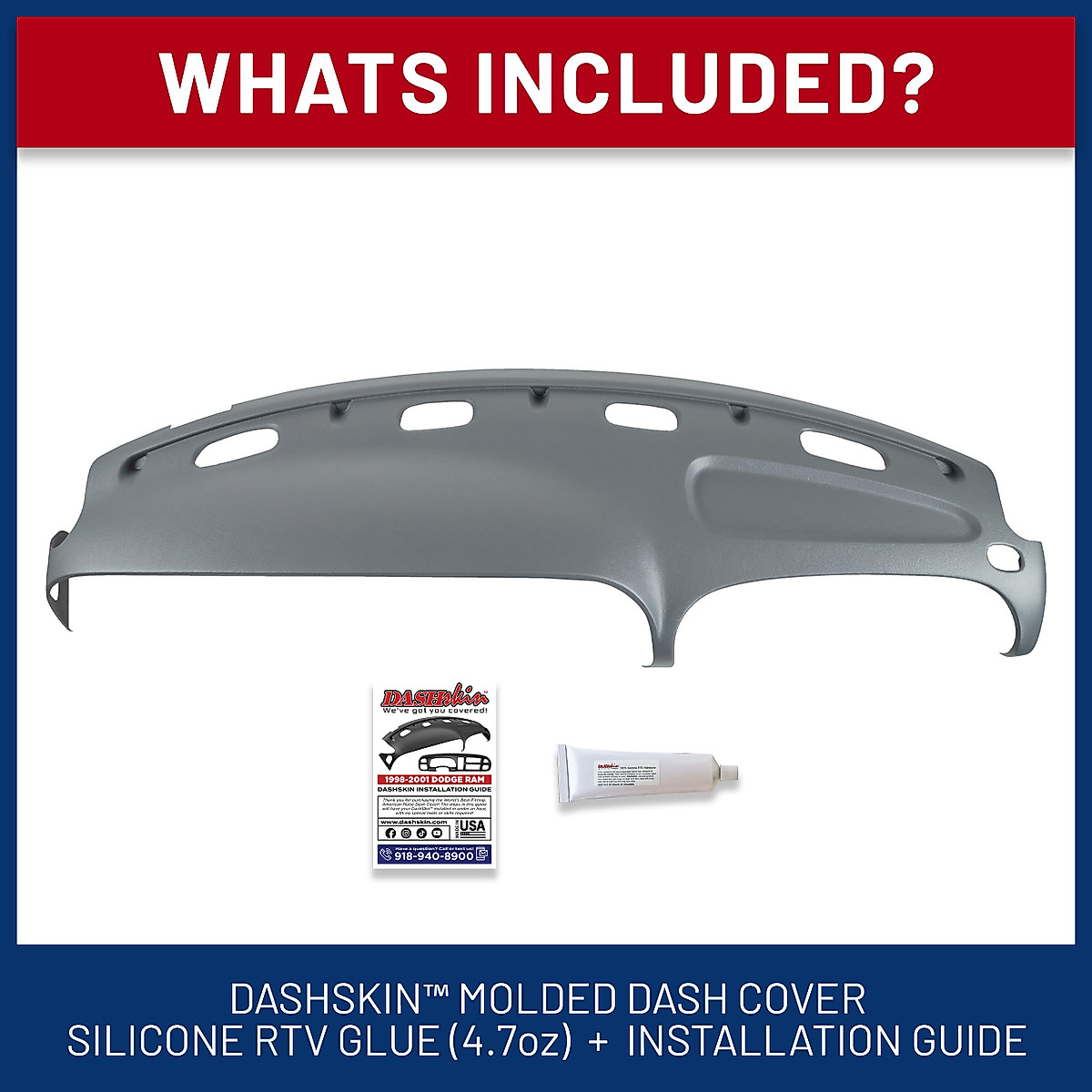 DashSkin American Made (NOT Made in China!) Molded Dash Cover Cap Compatible with 1998 1999 2000 2001 Dodge Ram 1500 (98-02 Ram 2500/3500) in Mist Grey