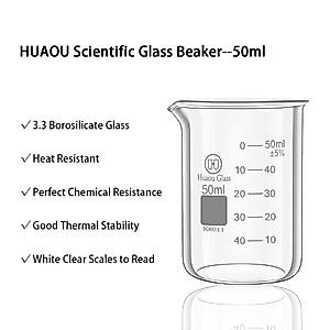 HUAOU Scientific 50ml Glass Beaker, Low Form, 3.3 Borosilicate Glass, Measuring Thick Wall with Printed Graduation, Double Scale (Single)